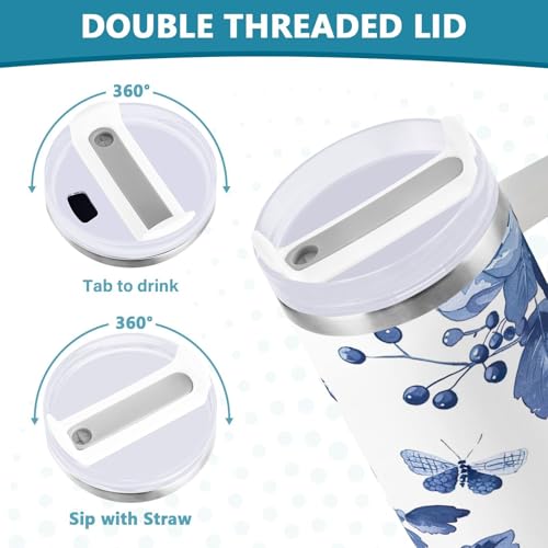RPLIFE Blue and White Floral Tumbler with Handle and Straw, Stainless Water Bottle, Insulated Cups with Lids, Tumbler for Men