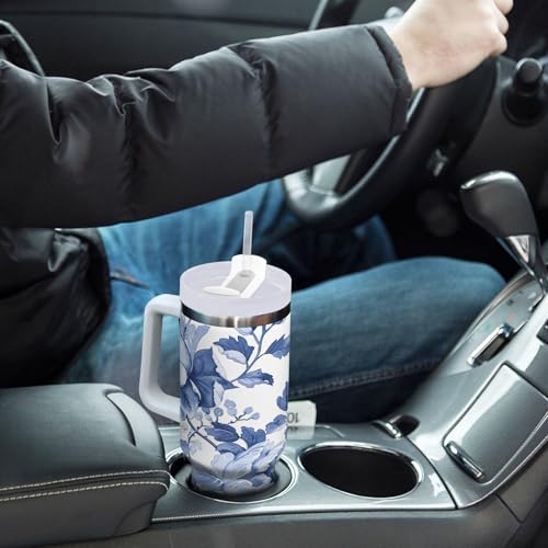 RPLIFE Blue and White Floral Tumbler with Handle and Straw, Stainless Water Bottle, Insulated Cups with Lids, Tumbler for Men