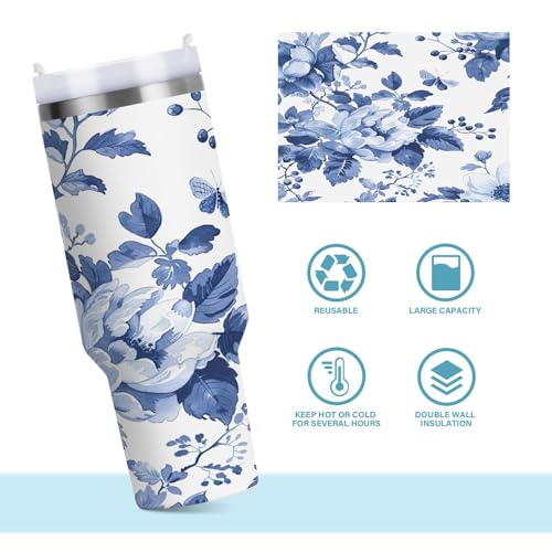 RPLIFE Blue and White Floral Tumbler with Handle and Straw, Stainless Water Bottle, Insulated Cups with Lids, Tumbler for Men