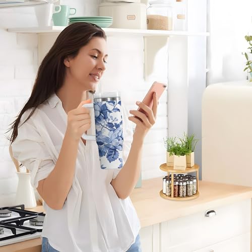RPLIFE Blue and White Floral Tumbler with Handle and Straw, Stainless Water Bottle, Insulated Cups with Lids, Tumbler for Men