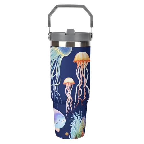 WITHSBKK 30oz Car Cup Aquatic Sea Animal Printed with Portable, Stainless Steel Travel Mug, Vacuum Insulated Tumbler And Straw, Leakproof for Car & Outdoor, UV Printed Design