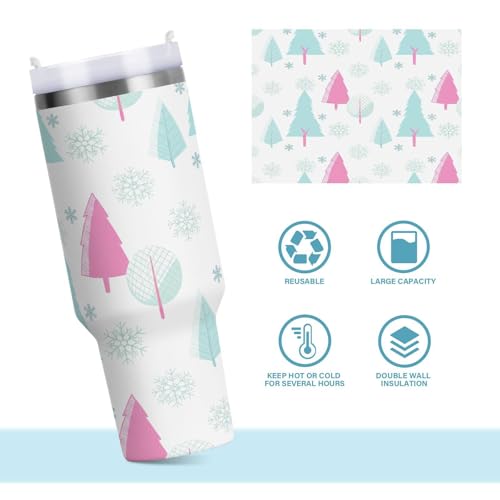 RPLIFE Various Trees Snowflakes Pastel 40 Oz Tumbler with Handle, Stainless Steel Coffee Tumbler, Insulated Coffee Cups with Lids
