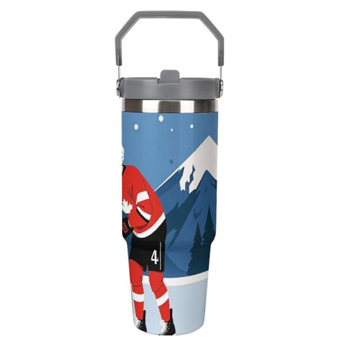WITHSBKK 30oz Car Cup Ice Hockey Player Printed with Portable, Stainless Steel Travel Mug, Vacuum Insulated Tumbler And Straw, Leakproof for Car & Outdoor, UV Printed Design