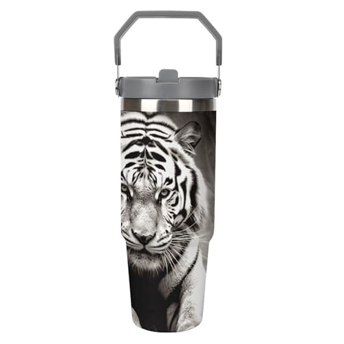 WITHSBKK 30oz Car Cup Black And White Tiger Printed with Portable, Stainless Steel Travel Mug, Vacuum Insulated Tumbler And Straw, Leakproof for Car & Outdoor, UV Printed Design