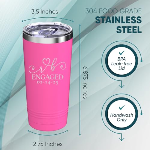 Custom His and Her Initials Heart Engagement Date Keepsake Engraved Insulated Stainless Steel Tumbler with Lid 20 oz. Personalized Engaged Gift for Bride Groom (Pink)
