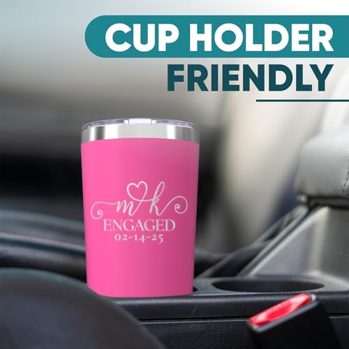 Custom His and Her Initials Heart Engagement Date Keepsake Engraved Insulated Stainless Steel Tumbler with Lid 20 oz. Personalized Engaged Gift for Bride Groom (Pink)