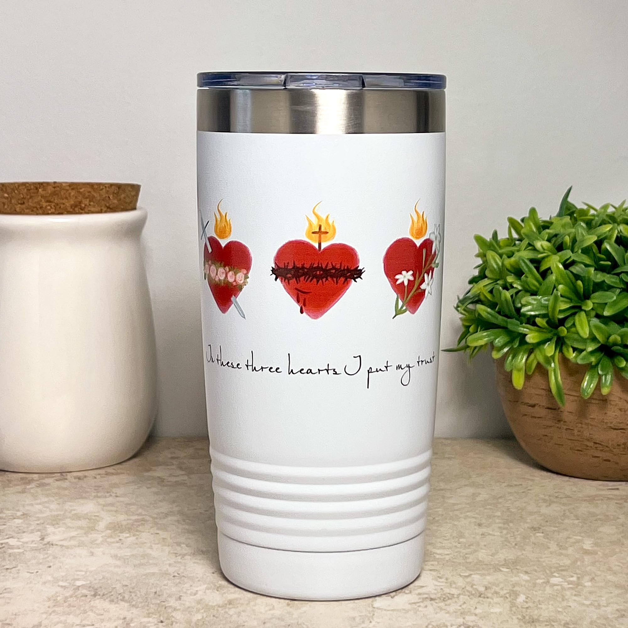 Three Hearts Colored 20 oz Tumbler | Catholic Insulated Travel Mug | Sacred, Immaculate & Chaste Design | Faith-Inspired Gift