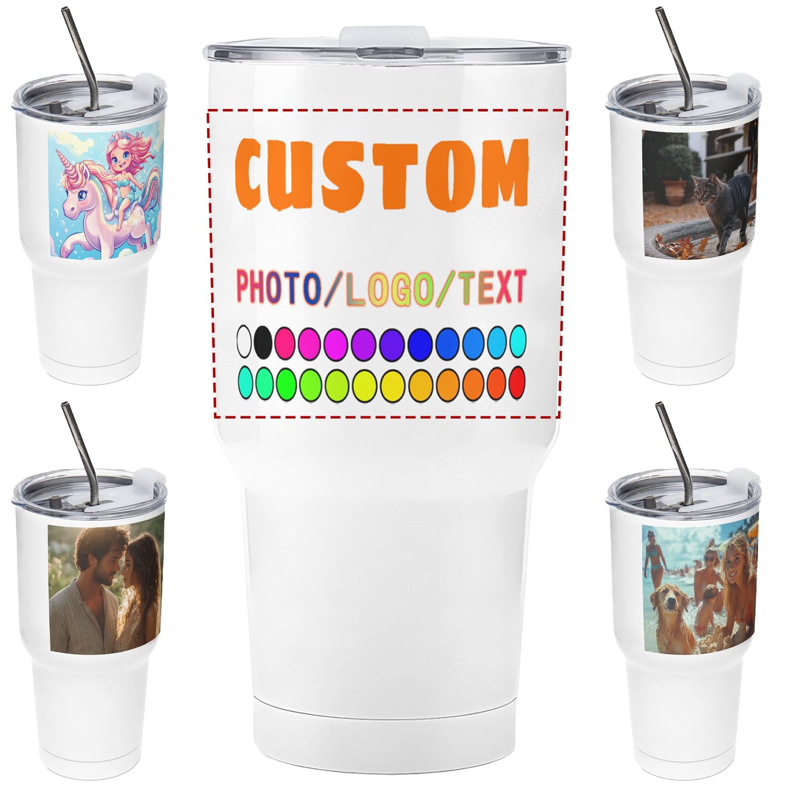 Custom Tumbler 30oz Print in USA Personalized Photo Text Name Logo Stainless Steel Coffee Cup with Lid Personalized Gifts for Birthday Anniversary Couples Friends Families Office