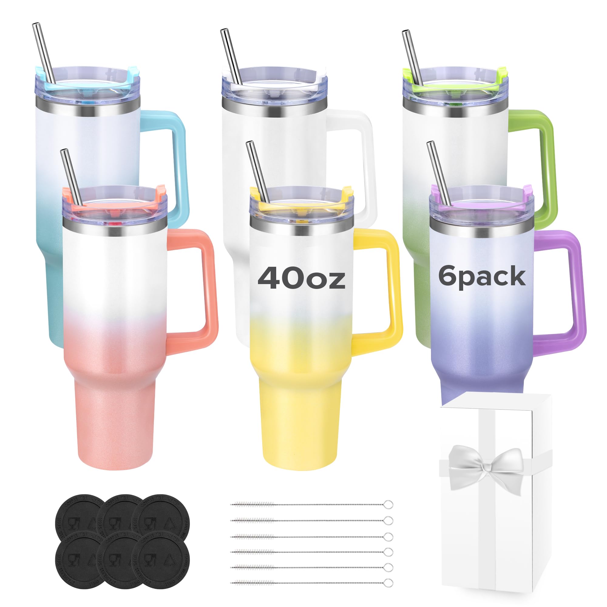 FASTSUB Glitter 40 OZ Sublimation Tumbler with Handle 6 Pack and Glossy 40 OZ Sublimation Tumbler with White Handle 6 Pack