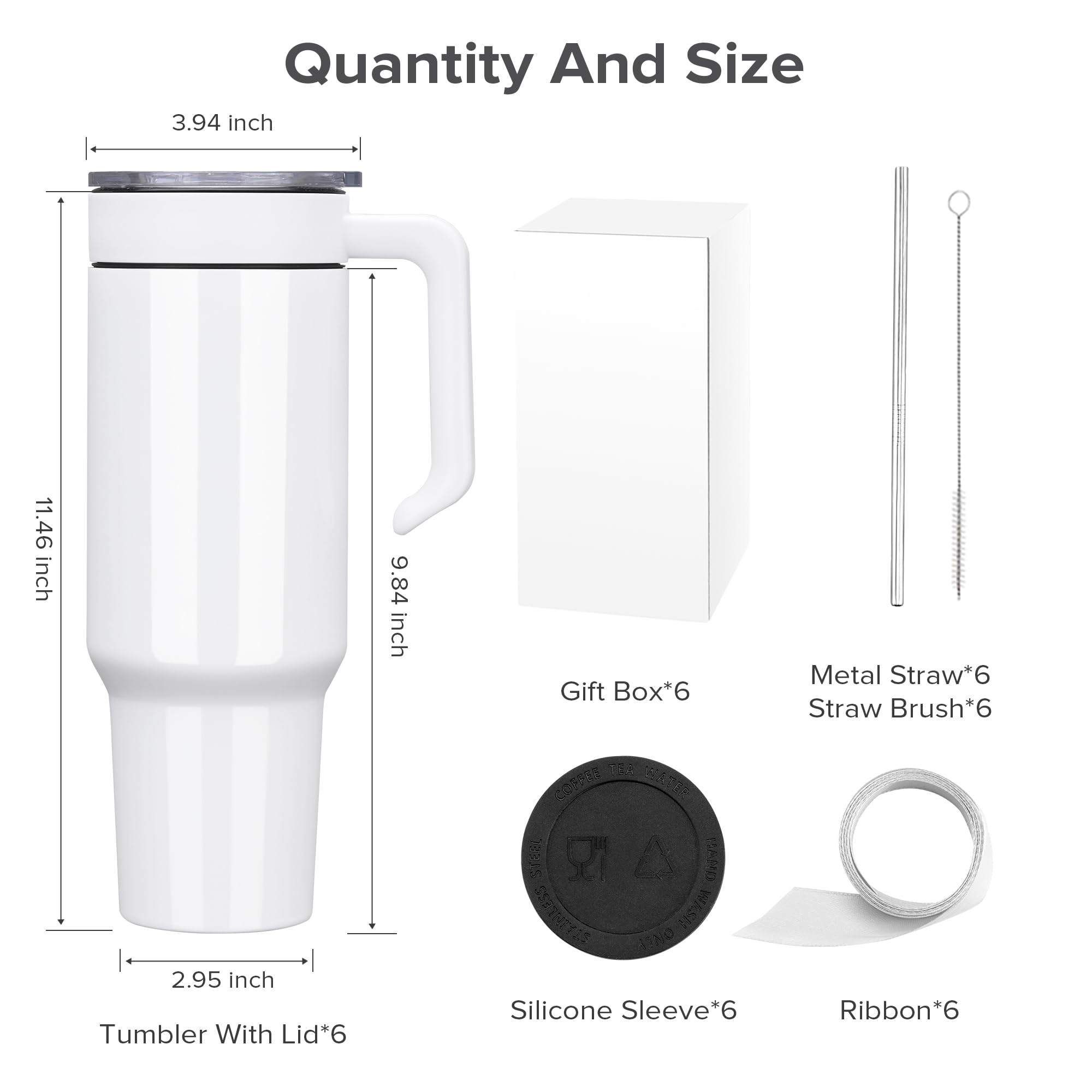 FASTSUB Glitter 40 OZ Sublimation Tumbler with Handle 6 Pack and Glossy 40 OZ Sublimation Tumbler with White Handle 6 Pack