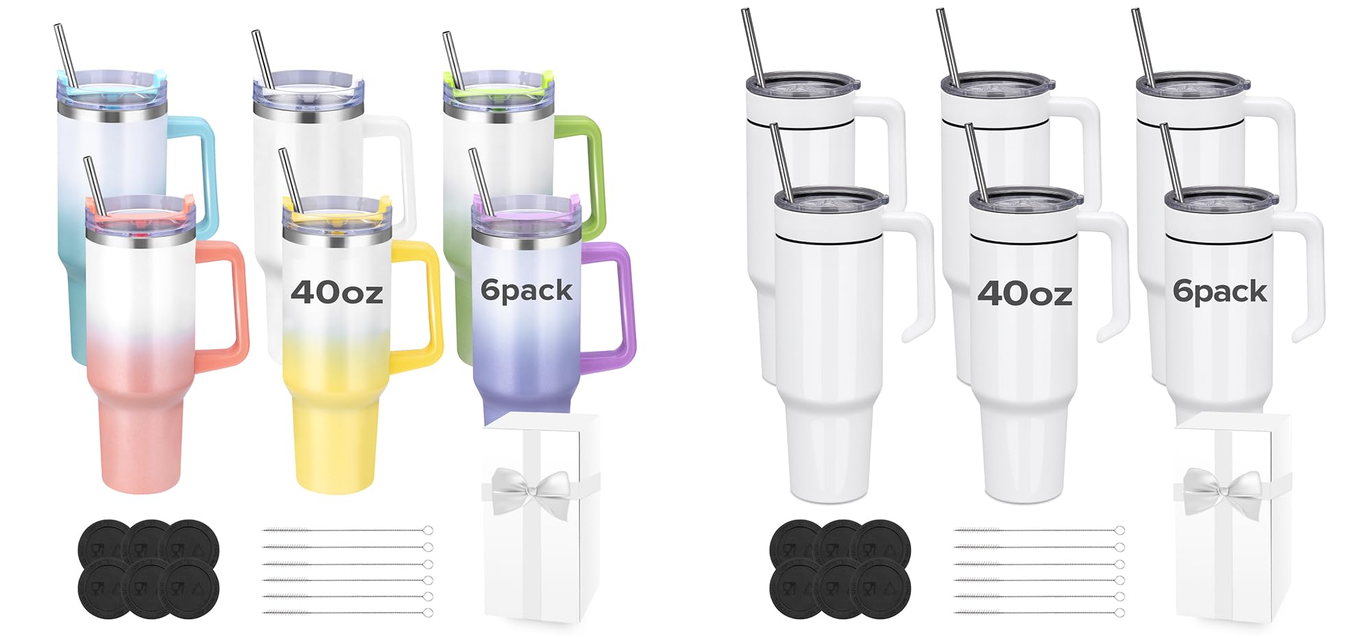 FASTSUB Glitter 40 OZ Sublimation Tumbler with Handle 6 Pack and Glossy 40 OZ Sublimation Tumbler with White Handle 6 Pack