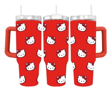 Insulated 40oz Tumbler with Handle and Straw Lid, Insulated Cup Reusable Stainless Steel Water Bottle Cup for Hot or Cold Beverages Pink Kitty (Red) (Red)