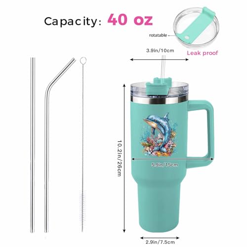 40 ounce insulated cup with handle, double-layer vacuum stainless steel material, equipped with straw, can keep warm or maintain cold drinks Summer Animal Dolphin Starfish Lake Green