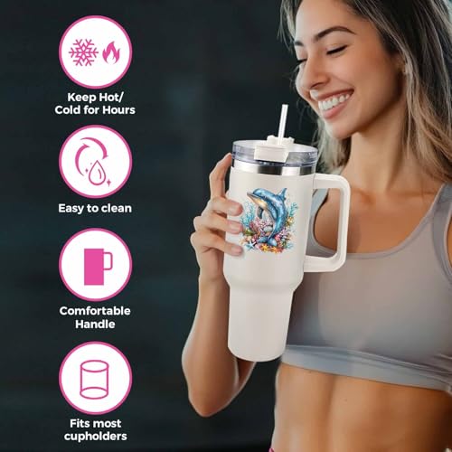 40 ounce insulated cup with handle, double-layer vacuum stainless steel material, equipped with straw, can keep warm or maintain cold drinks Summer Animal Dolphin Starfish Lake Green