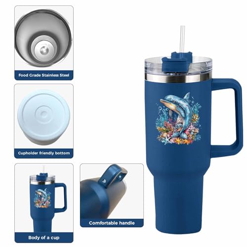 40 ounce insulated cup with handle, double-layer vacuum stainless steel material, equipped with straw, can keep warm or maintain cold drinks Summer Animal Dolphin Starfish Lake Green