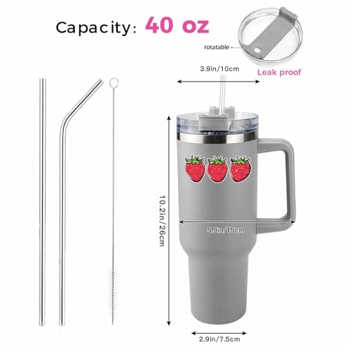 40 ounce insulated cup with handle, double-layer vacuum stainless steel material, equipped with straw, can keep warm or maintain cold drinks Strawberry Fruit 1 grey