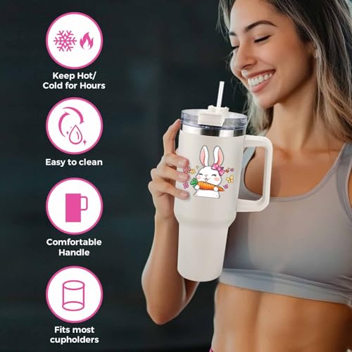 40 ounce insulated cup with handle, double-layer vacuum stainless steel material, equipped with straw, can keep warm or maintain cold drinks Easter Rabbit Carrot 1 wathet