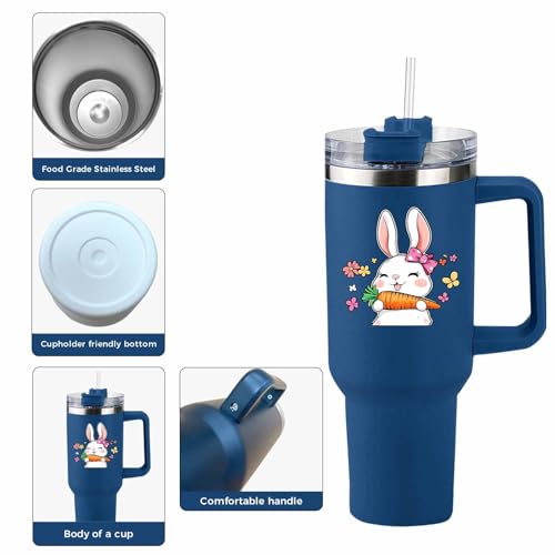 40 ounce insulated cup with handle, double-layer vacuum stainless steel material, equipped with straw, can keep warm or maintain cold drinks Easter Rabbit Carrot 1 wathet