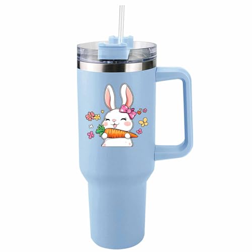 40 ounce insulated cup with handle, double-layer vacuum stainless steel material, equipped with straw, can keep warm or maintain cold drinks Easter Rabbit Carrot 1 wathet
