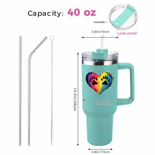 40 ounce insulated cup with handle, double-layer vacuum stainless steel material, equipped with straw, can keep warm or maintain cold drinks Love Rainbow Paw Animal 2 Lake Green