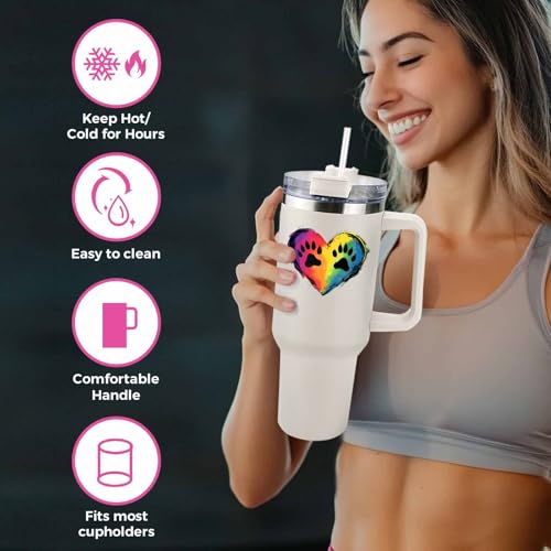 40 ounce insulated cup with handle, double-layer vacuum stainless steel material, equipped with straw, can keep warm or maintain cold drinks Love Rainbow Paw Animal 2 Lake Green