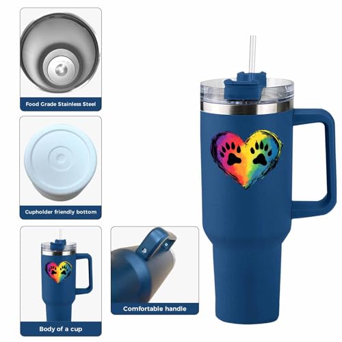 40 ounce insulated cup with handle, double-layer vacuum stainless steel material, equipped with straw, can keep warm or maintain cold drinks Love Rainbow Paw Animal 2 Lake Green