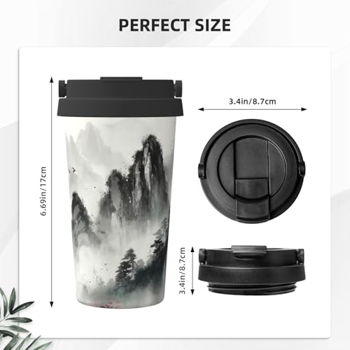 GTKSYNVE Reusable Coffee Mug with Lid and Handle, Ink Painting Style Mountain Tumbler for Hot & Cold Drinks 16oz Stainless Steel Insulated Coffee Tumblers Double Wall Vacuum Thermal Cup