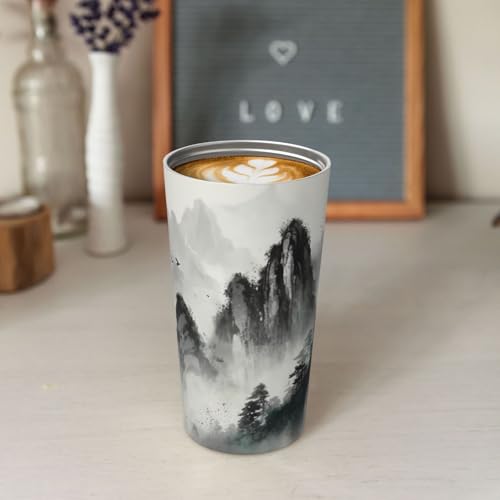 GTKSYNVE Reusable Coffee Mug with Lid and Handle, Ink Painting Style Mountain Tumbler for Hot & Cold Drinks 16oz Stainless Steel Insulated Coffee Tumblers Double Wall Vacuum Thermal Cup