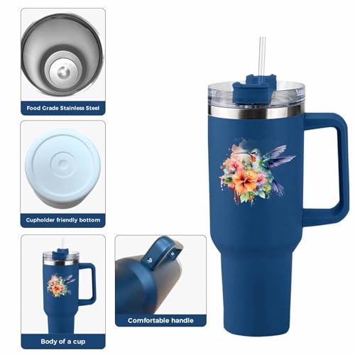 40 ounce insulated cup with handle, double-layer vacuum stainless steel material, equipped with straw, can keep warm or maintain cold drinks Flowers Hummingbird Cowboy Blue