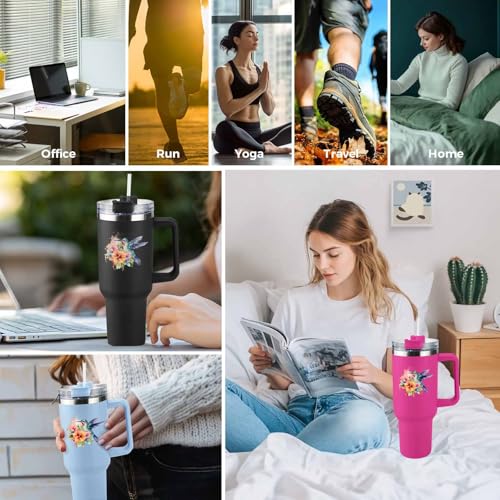 40 ounce insulated cup with handle, double-layer vacuum stainless steel material, equipped with straw, can keep warm or maintain cold drinks Flowers Hummingbird Cowboy Blue