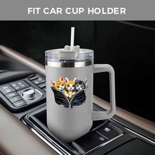 40 ounce insulated cup with handle, double-layer vacuum stainless steel material, equipped with straw, can keep warm or maintain cold drinks Animal Cat Funny 1 grey