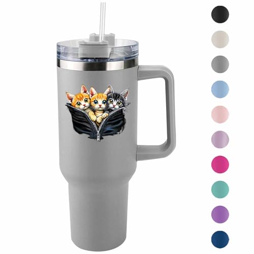 40 ounce insulated cup with handle, double-layer vacuum stainless steel material, equipped with straw, can keep warm or maintain cold drinks Animal Cat Funny 1 grey