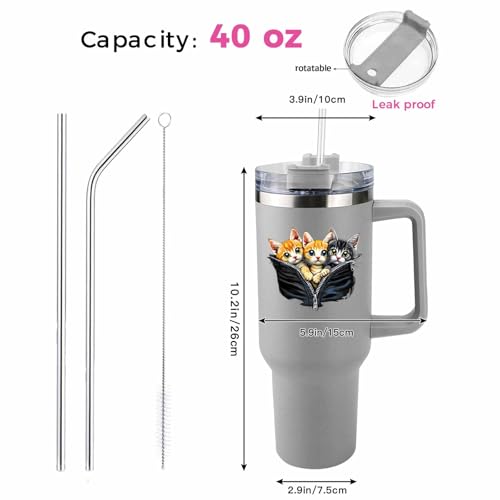 40 ounce insulated cup with handle, double-layer vacuum stainless steel material, equipped with straw, can keep warm or maintain cold drinks Animal Cat Funny 1 grey
