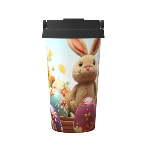 GTKSYNVE Reusable Coffee Mug with Lid and Handle, Easter Colorful Eggs Tumbler for Hot & Cold Drinks 16oz Stainless Steel Insulated Coffee Tumblers Double Wall Vacuum Thermal Cup