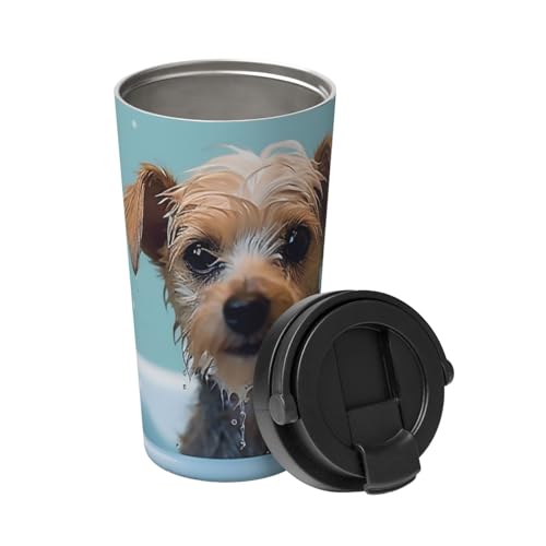 GTKSYNVE Reusable Coffee Mug with Lid and Handle, Funny Dog in Bathtub Tumbler for Hot & Cold Drinks 16oz Stainless Steel Insulated Coffee Tumblers Double Wall Vacuum Thermal Cup