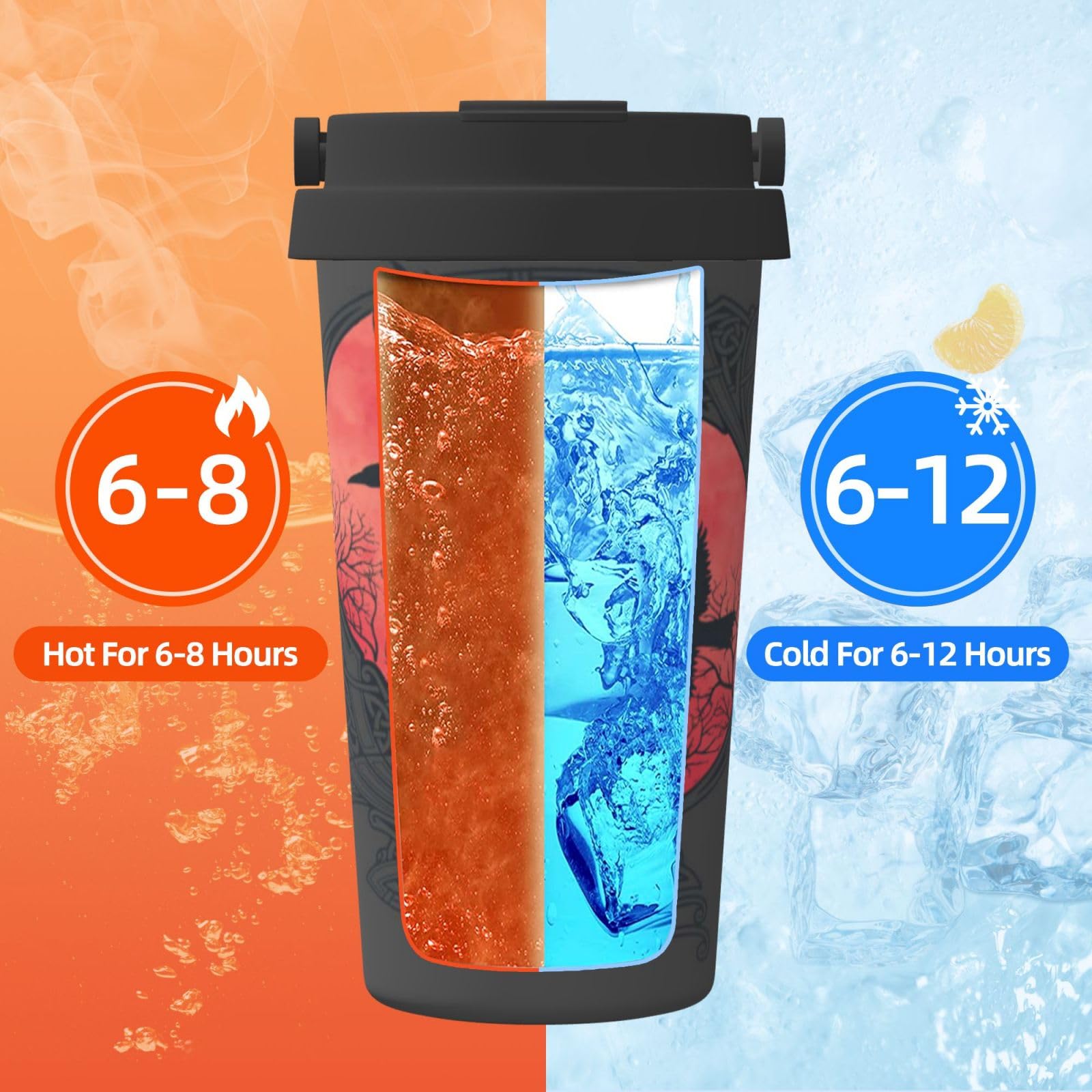Vikings Norse Odin Ravens 16oz Stainless Steel Travel Mug - Spill Proof Lid, Keeps Hot & Cold For Hours - Tea & Drink Thermos
