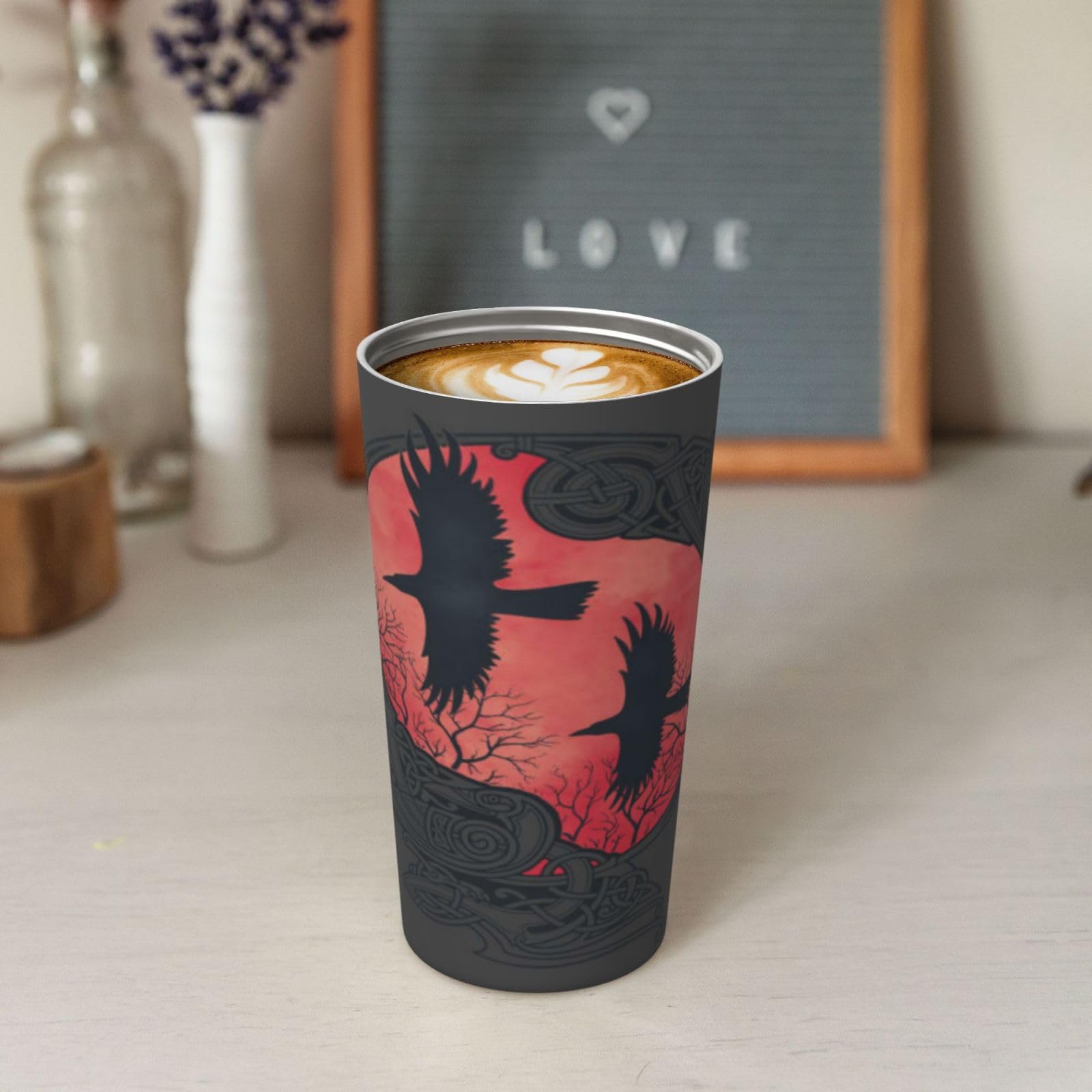 Vikings Norse Odin Ravens 16oz Stainless Steel Travel Mug - Spill Proof Lid, Keeps Hot & Cold For Hours - Tea & Drink Thermos