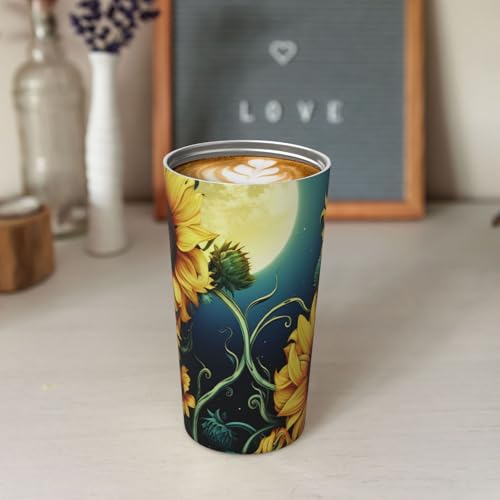 GTKSYNVE Reusable Coffee Mug with Lid and Handle, Moonlight Sunflower Pattern Tumbler for Hot & Cold Drinks 16oz Stainless Steel Insulated Coffee Tumblers Double Wall Vacuum Thermal Cup