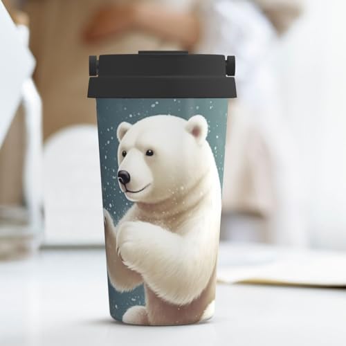 GTKSYNVE Reusable Coffee Mug with Lid and Handle, Funny Polar Bear Playing Snowball Tumbler for Hot & Cold Drinks 16oz Stainless Steel Insulated Coffee Tumblers Double Wall Vacuum Thermal Cup