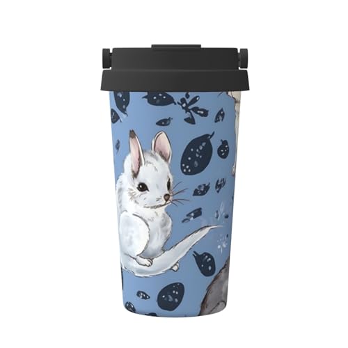 GTKSYNVE Reusable Coffee Mug with Lid and Handle, Blue Chinchillas And Moon Tumbler for Hot & Cold Drinks 16oz Stainless Steel Insulated Coffee Tumblers Double Wall Vacuum Thermal Cup