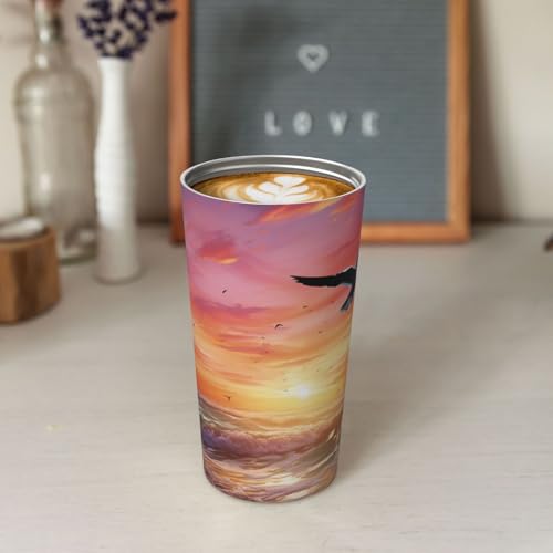 GTKSYNVE Reusable Coffee Mug with Lid and Handle, Sea gull Flying Over Colorful Sky Tumbler for Hot & Cold Drinks 16oz Stainless Steel Insulated Coffee Tumblers Double Wall Vacuum Thermal Cup