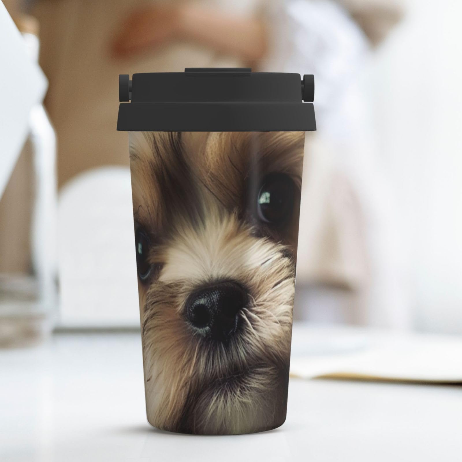 GTKSYNVE Reusable Coffee Mug with Lid and Handle, Little Dog Tumbler for Hot & Cold Drinks 16oz Stainless Steel Insulated Coffee Tumblers Double Wall Vacuum Thermal Cup