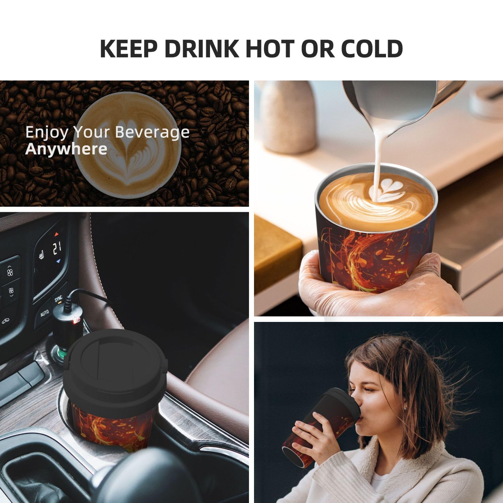 Reusable Coffee Mug with Lid and Handle, Red Flame Music Note Tumbler for Hot & Cold Drinks 16oz Stainless Steel Insulated Coffee Tumblers Double Wall Vacuum Thermal Cup
