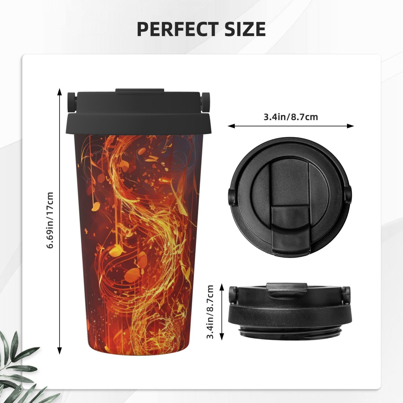 Reusable Coffee Mug with Lid and Handle, Red Flame Music Note Tumbler for Hot & Cold Drinks 16oz Stainless Steel Insulated Coffee Tumblers Double Wall Vacuum Thermal Cup