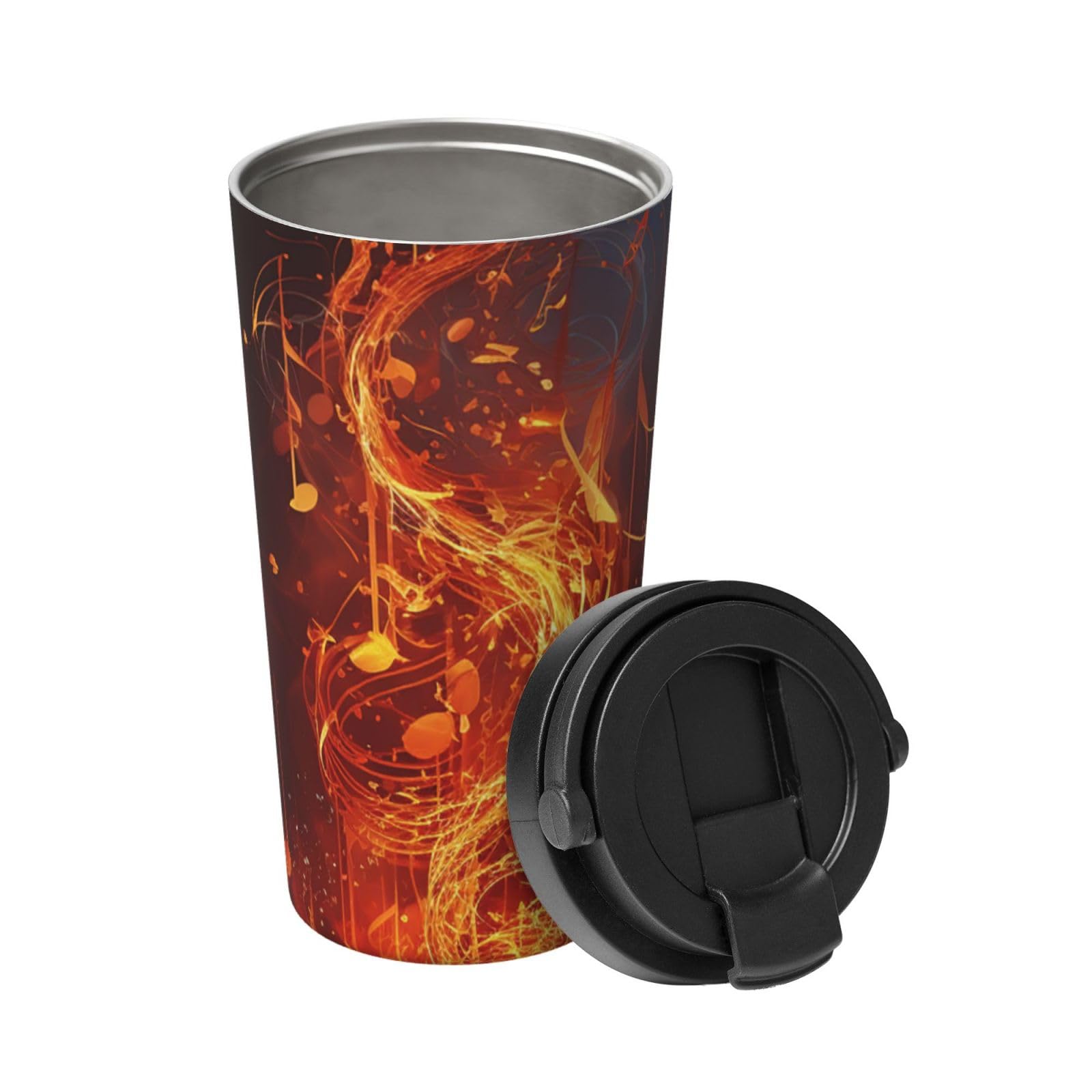 Reusable Coffee Mug with Lid and Handle, Red Flame Music Note Tumbler for Hot & Cold Drinks 16oz Stainless Steel Insulated Coffee Tumblers Double Wall Vacuum Thermal Cup