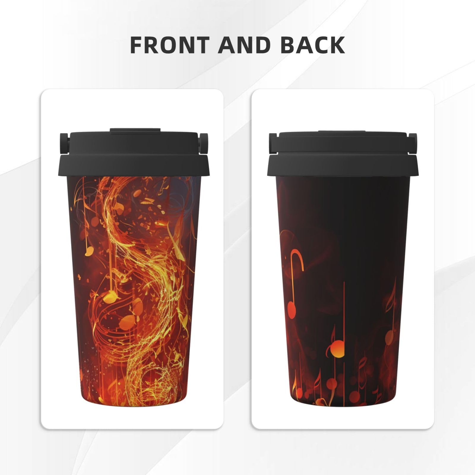 Reusable Coffee Mug with Lid and Handle, Red Flame Music Note Tumbler for Hot & Cold Drinks 16oz Stainless Steel Insulated Coffee Tumblers Double Wall Vacuum Thermal Cup