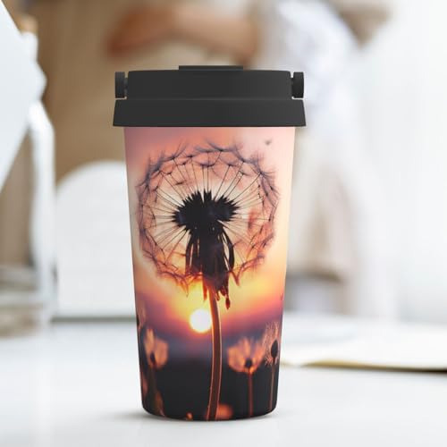 GTKSYNVE Reusable Coffee Mug with Lid and Handle, Dandelion in the Sunset Tumbler for Hot & Cold Drinks 16oz Stainless Steel Insulated Coffee Tumblers Double Wall Vacuum Thermal Cup