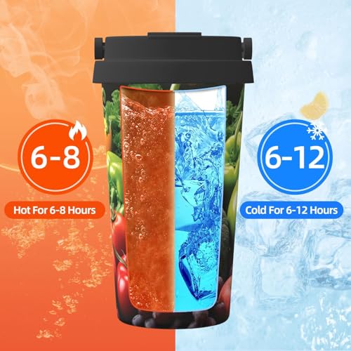 GTKSYNVE Reusable Coffee Mug with Lid and Handle, Fruits and vegetables Tumbler for Hot & Cold Drinks 16oz Stainless Steel Insulated Coffee Tumblers Double Wall Vacuum Thermal Cup