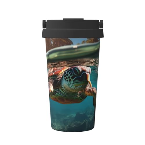Reusable Coffee Mug with Lid and Handle, Palm Trees and Sea Turtles Diving Underwater Tumbler for Hot & Cold Drinks 16oz Stainless Steel Insulated Coffee Tumblers Double Wall Vacuum Thermal Cup