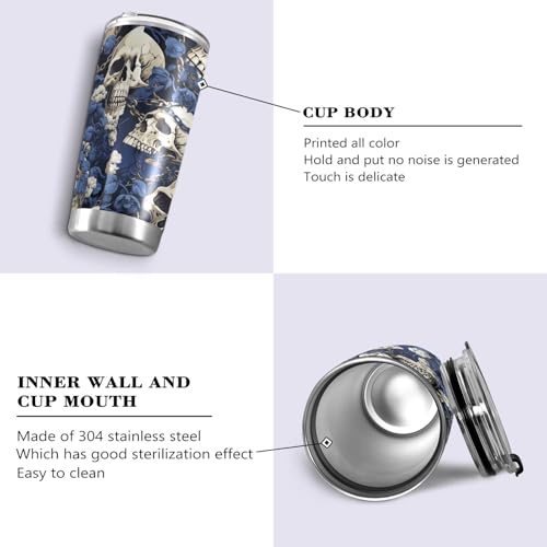 HXshaoye blue flowers skulls hippie Stainless Steel coffee cups with lids with Lid and Straw mug for hot drinks for coffee reusable 20oz coffee tumbler termos para gym 20oz